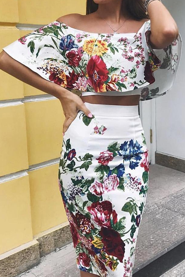 Lovely Trendy Print White Two Piece Skirt Setlw Fashion Online For