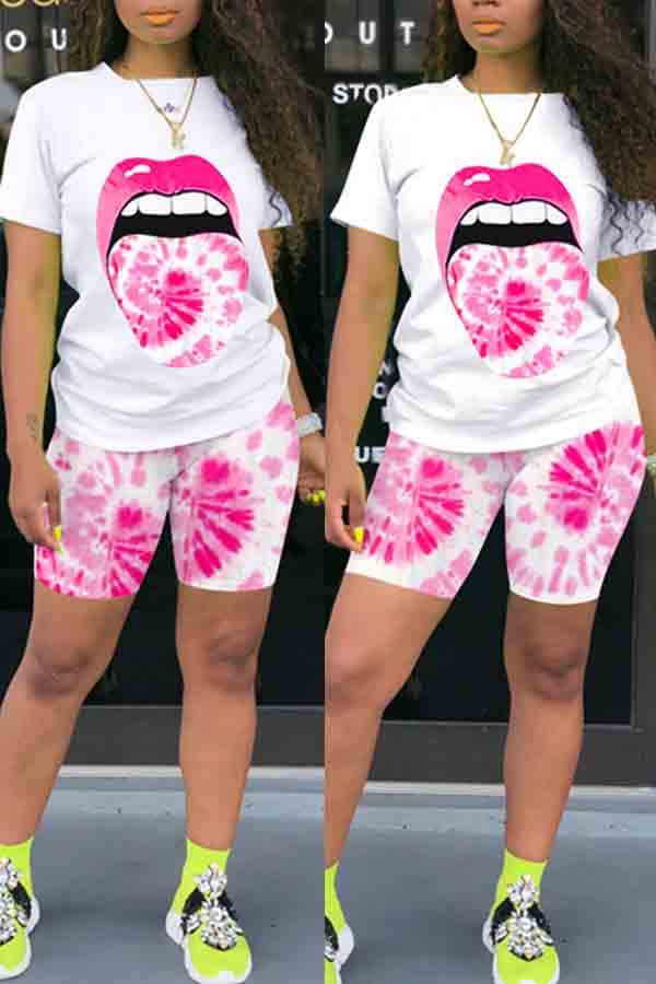 LW Leisure Lip Print Pink Two-piece Shorts Set Sale | LovelyWholesale