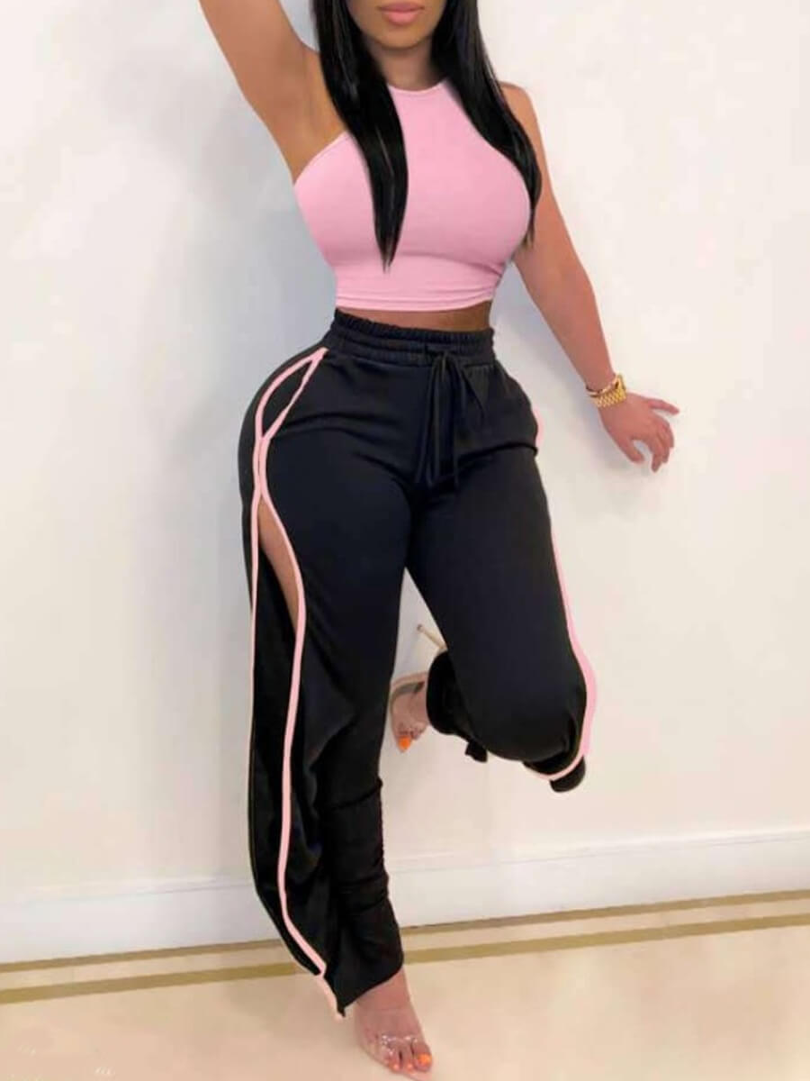 LW Sportswear Patchwork Hollow-out Pink Two Piece Pants Set Sale ...