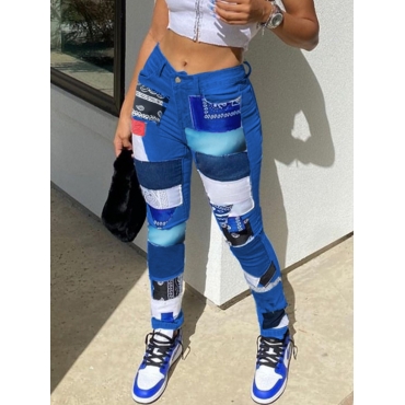 Lovely Casual High-waisted Color-lump Patchwork Deep Blue JeansLW ...