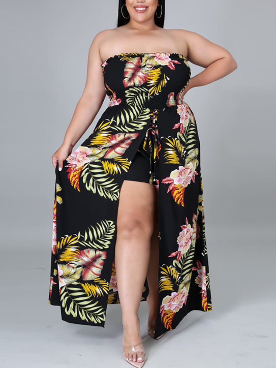 LW Plus Size Floral Print Split Cloak Romper Sale | LovelyWholesale